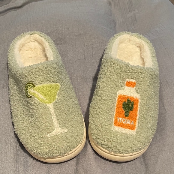 Shoes | Green Fuzzy Slippers With Margarita And Tequila Design | Poshmark